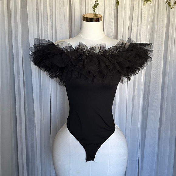 Tops | Free People Black Ruffled Offshoulder Tulle Bodysuit | Poshmark